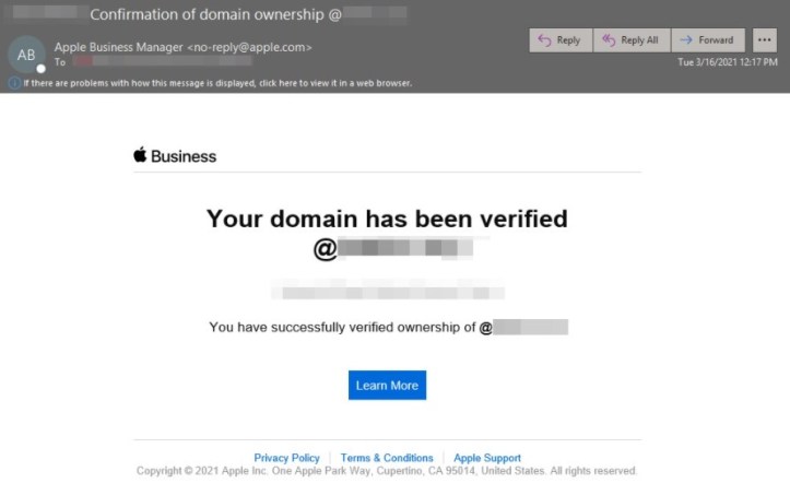 Steps to verify existing domain in Apple Business Manager (ABM ...